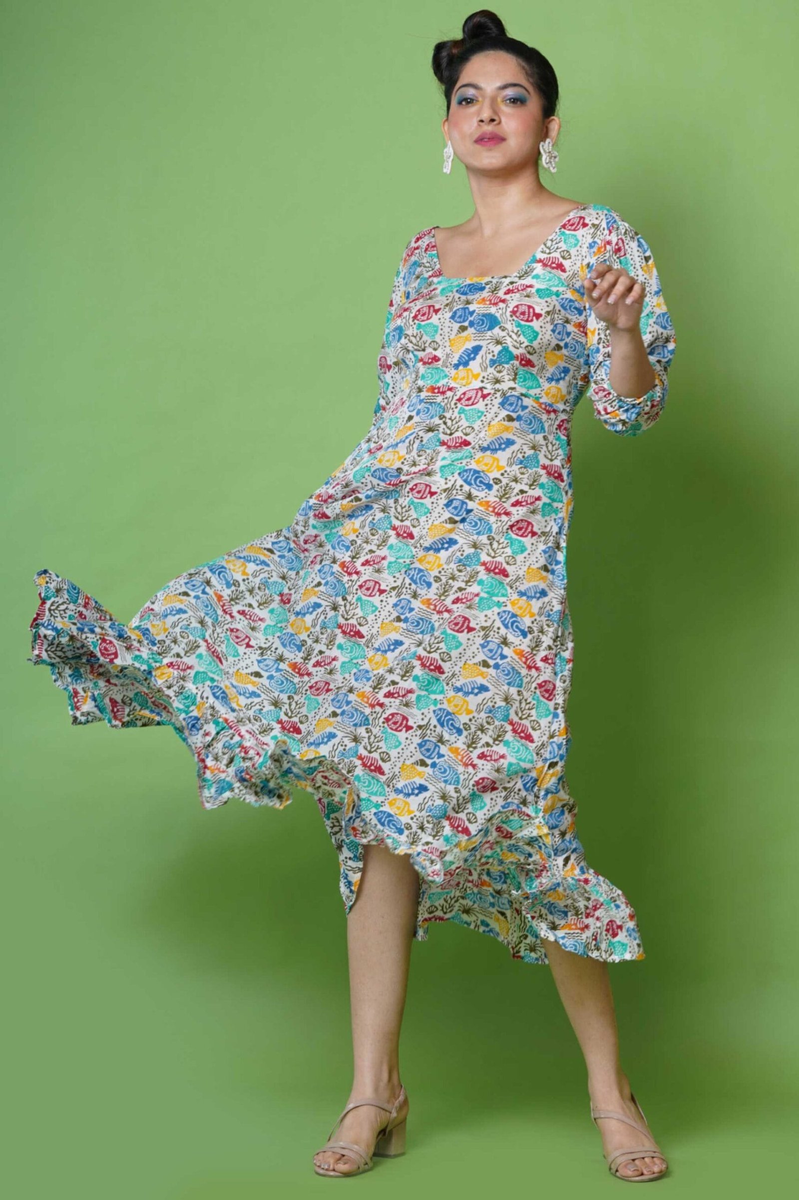 Block Print Underwater Theme Women Midi Dress