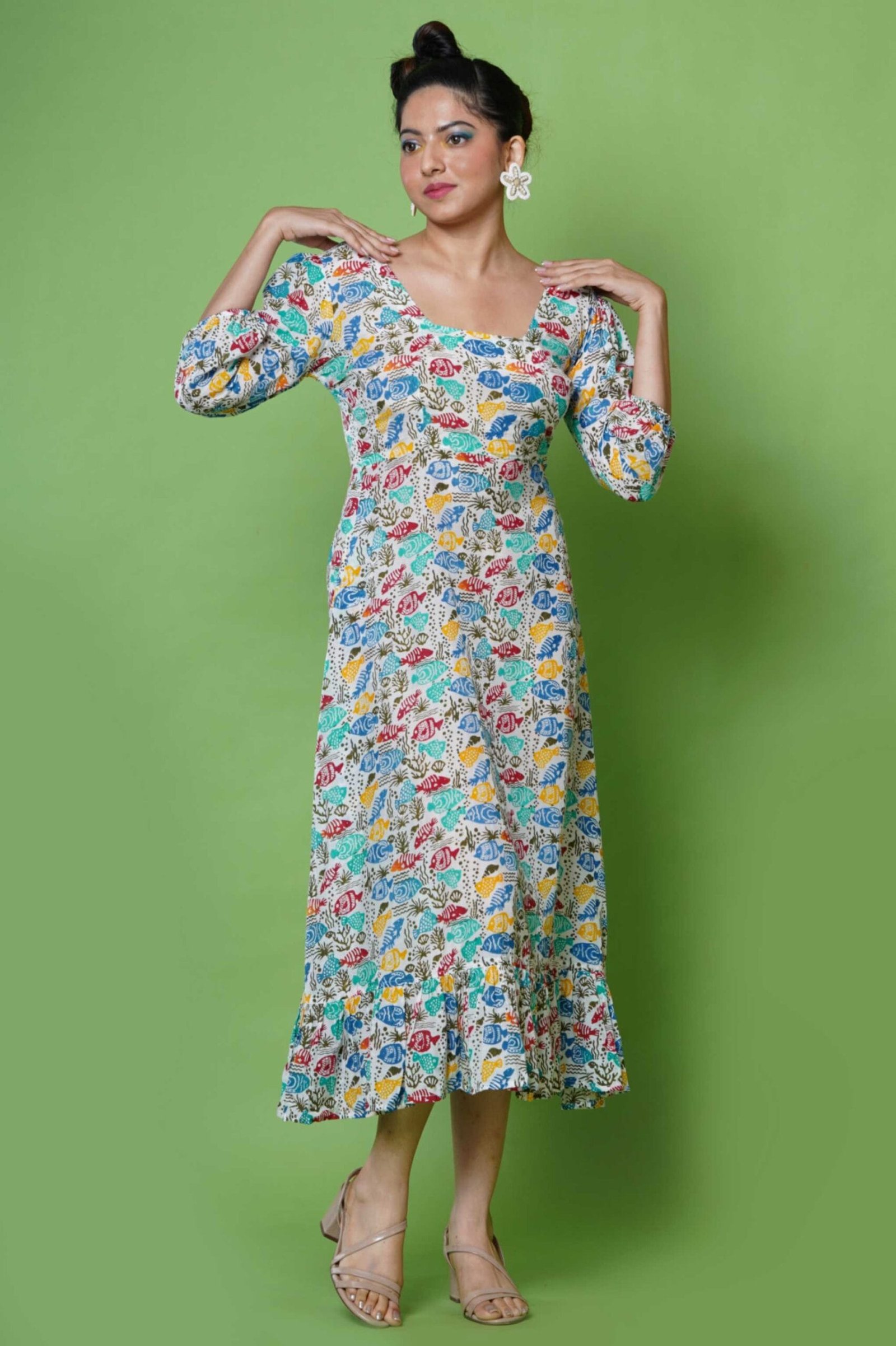 Block Print Underwater Theme Women Midi Dress